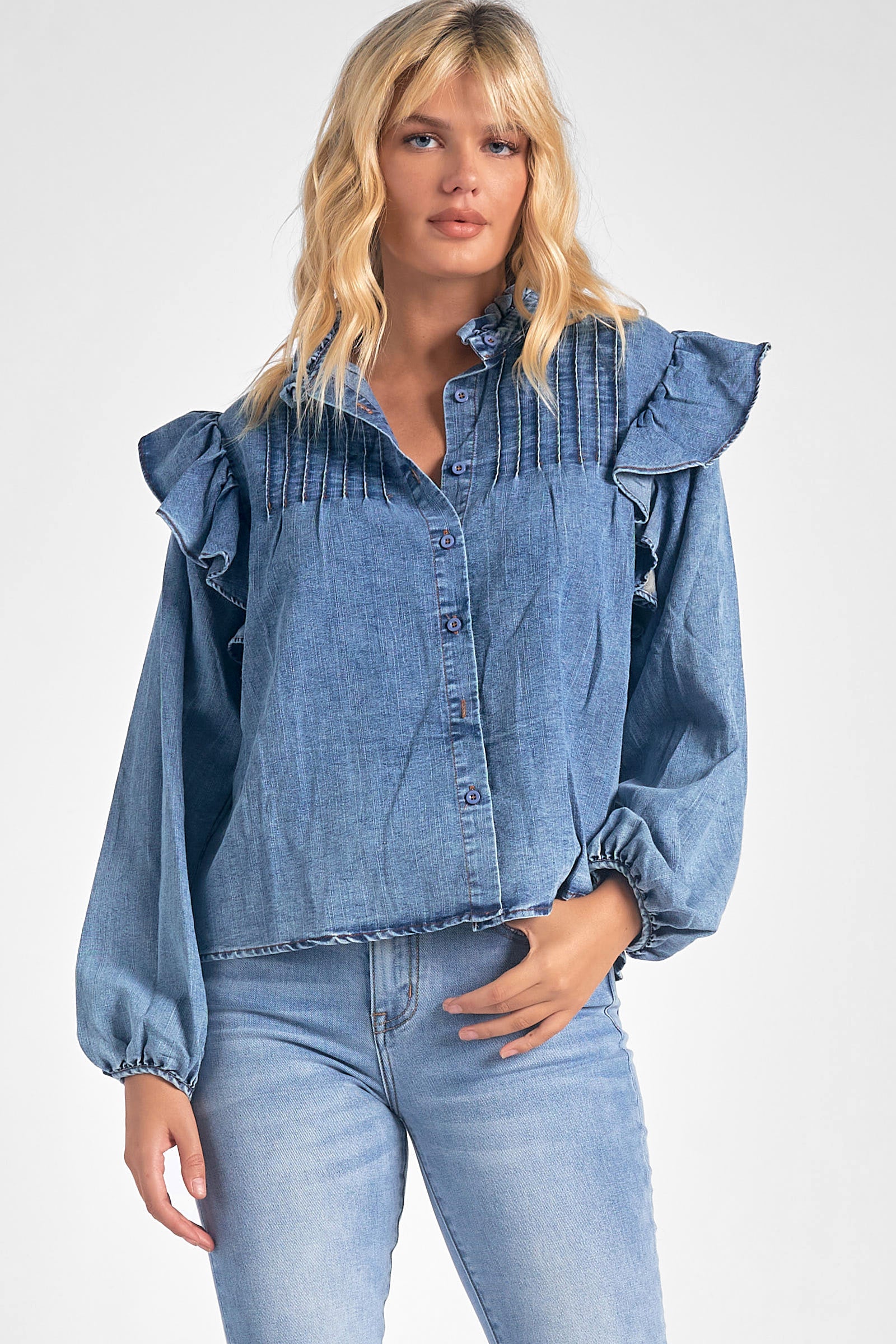 Elan Womens Ruffle Bell Sleeve Top Elan Ruffle Sleeve Top In Blue